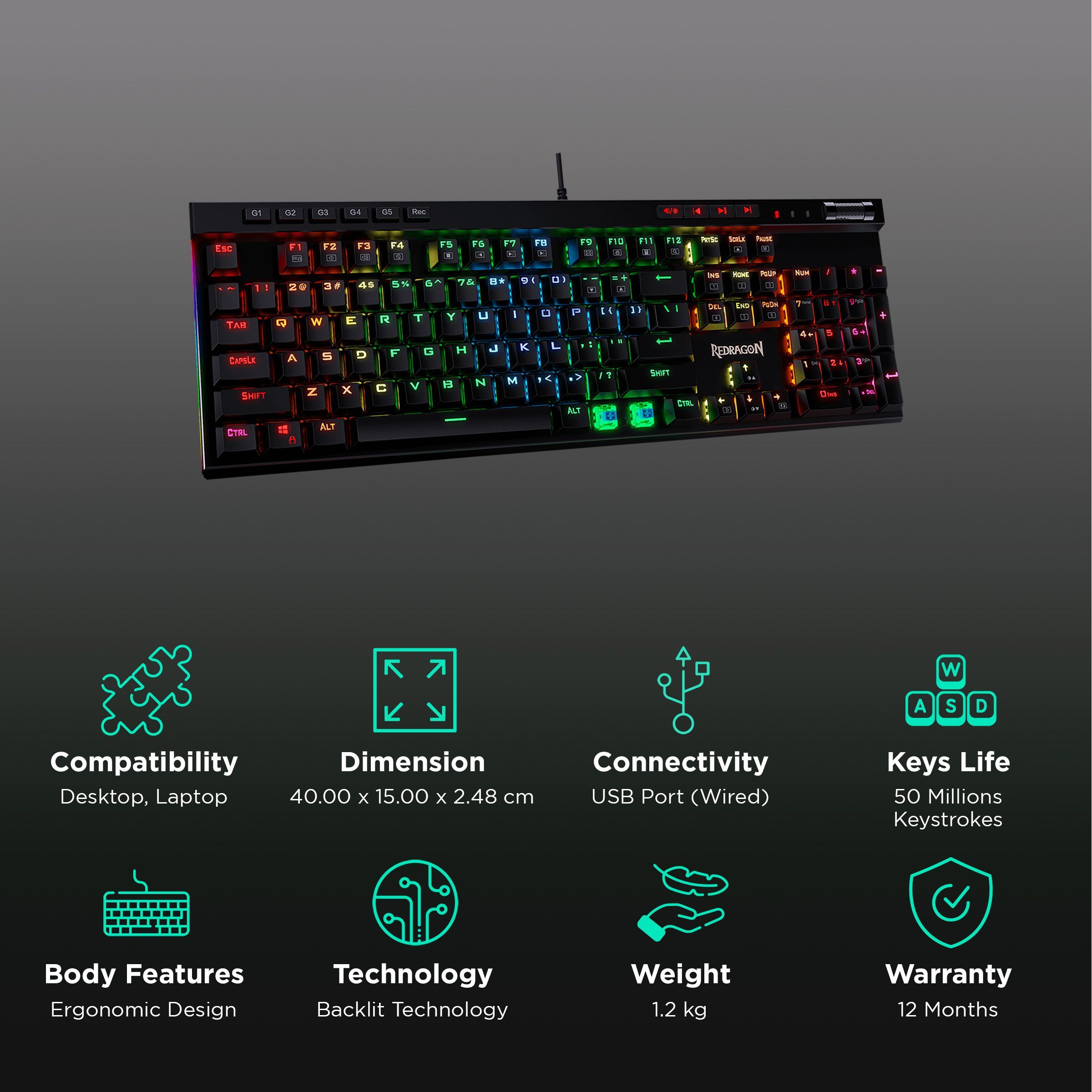 Buy REDRAGON Vata K580 Wired Keyboard with 12 Dedicated Multimedia Keys (RGB Backlight, Black ...